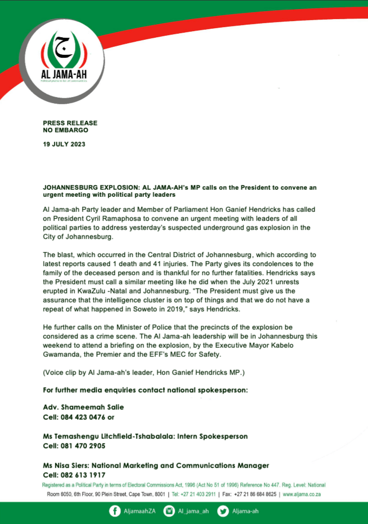 Al Jama-ah cries sabotage over Jozi gas explosion, calls for Ramaphosa ...